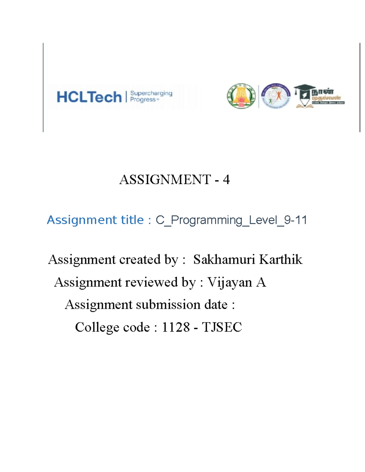 Ass 4 - IMPORTANT NOTES - ASSIGNMENT - 4 Assignment title : C ...