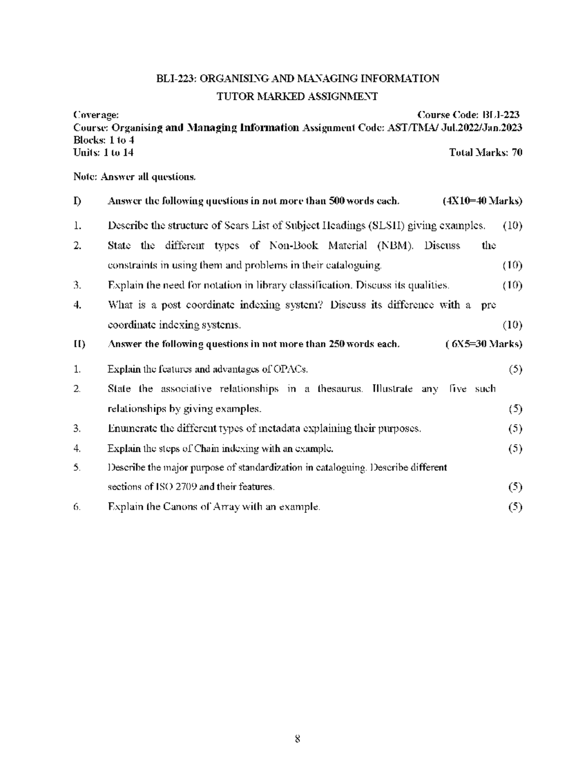 BLI 223 E Ass - Solved assignment - Bachelors In Library Information ...