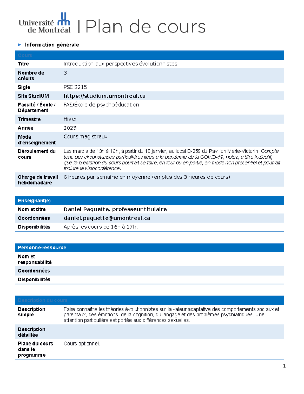 Plan de cours PSE2215 - Information générale Cours Titre Introduction aux perspectives - Studocu