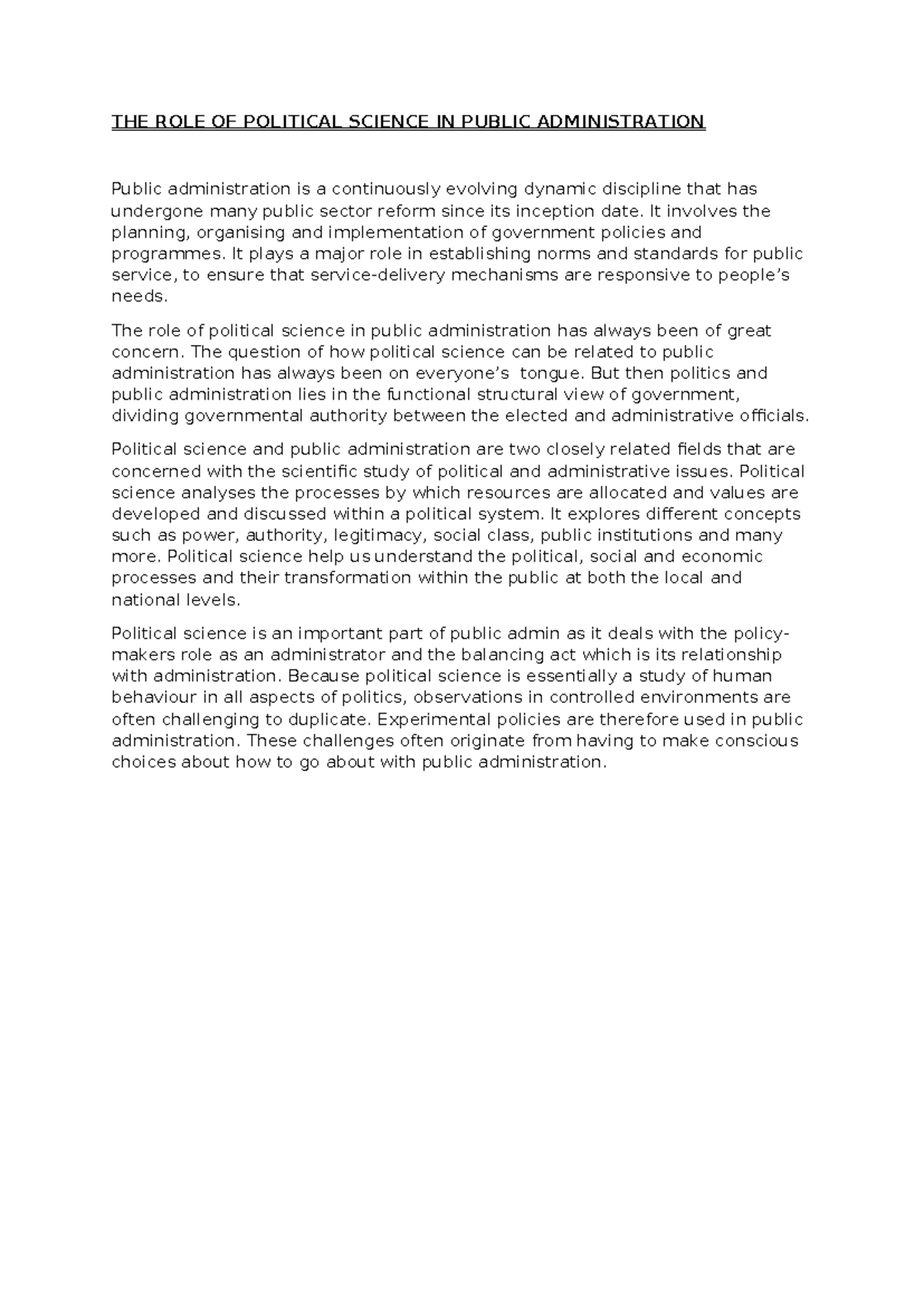 THE ROLE OF Political Science IN Public Administration - THE ROLE OF ...