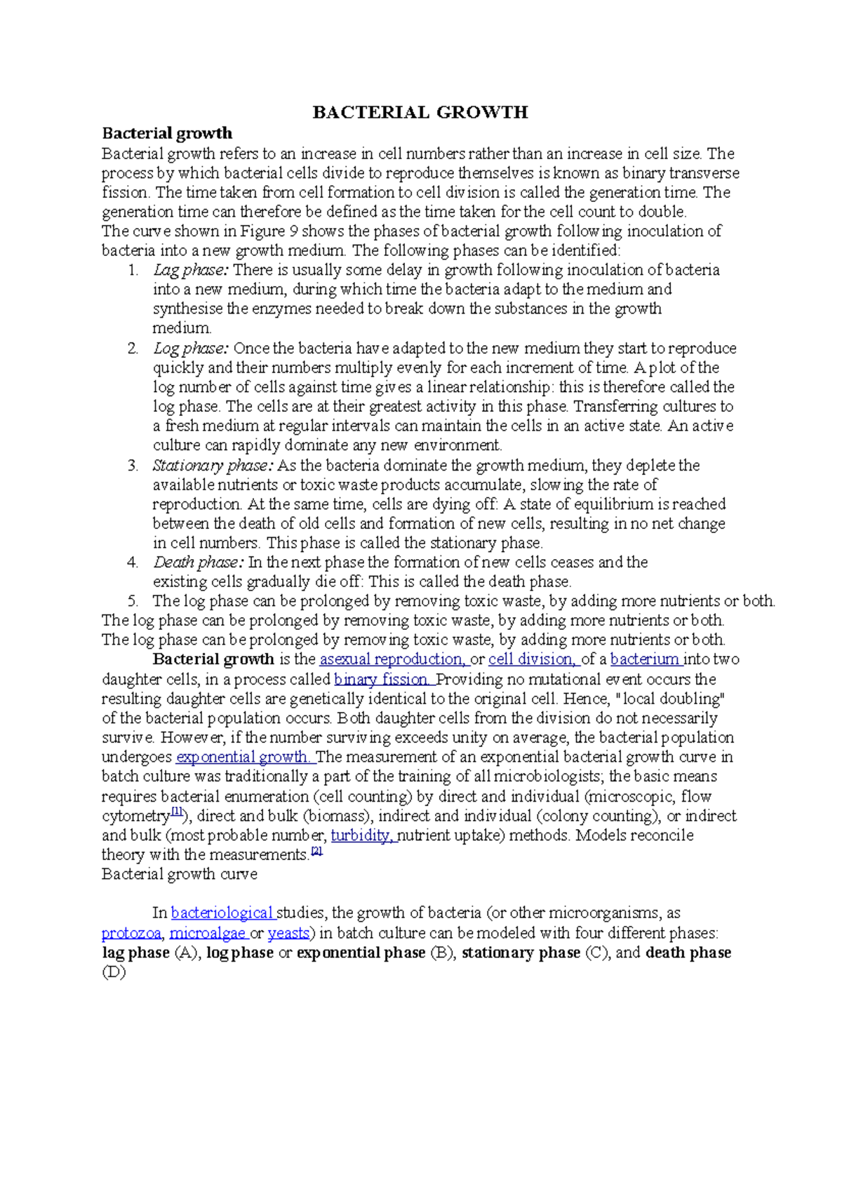 Bacterial growth - Lecture notes 1-3 - BACTERIAL GROWTH Bacterial ...
