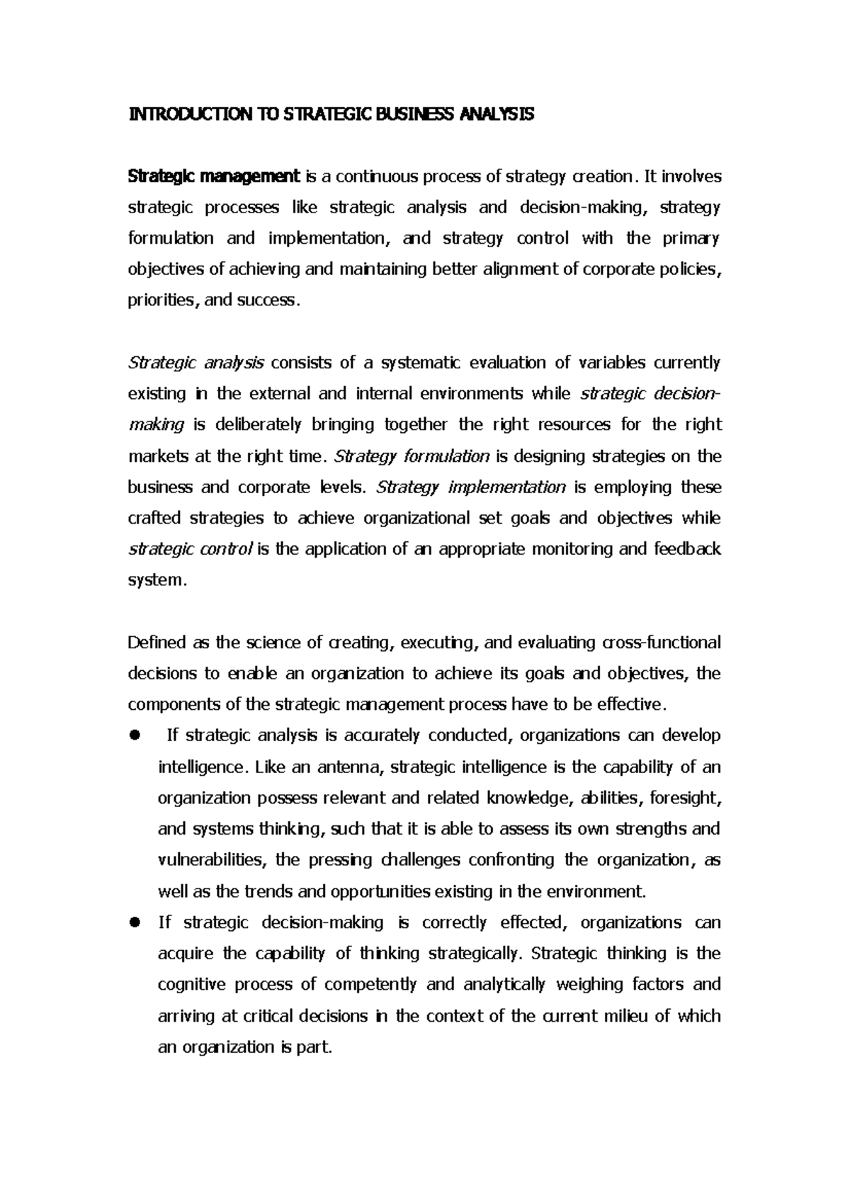 Introduction TO Strategic Business Analysis - INTRODUCTION TO STRATEGIC ...