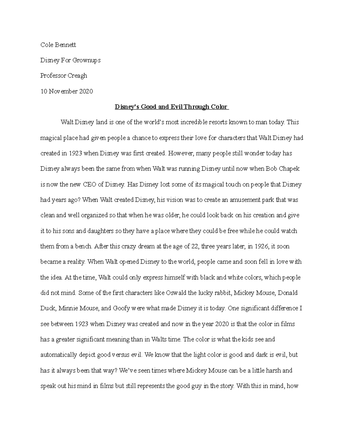 Disney essay - Cole Bennett Disney For Grownups Professor Creagh 10 ...