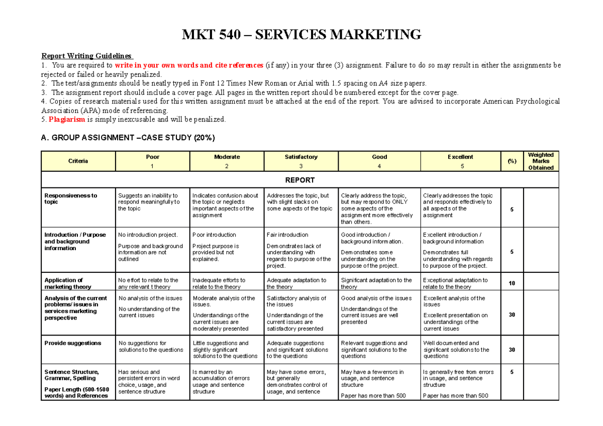 MKT540 - GP CASE Study Rubrics - MKT 540 – SERVICES MARKETING Report ...