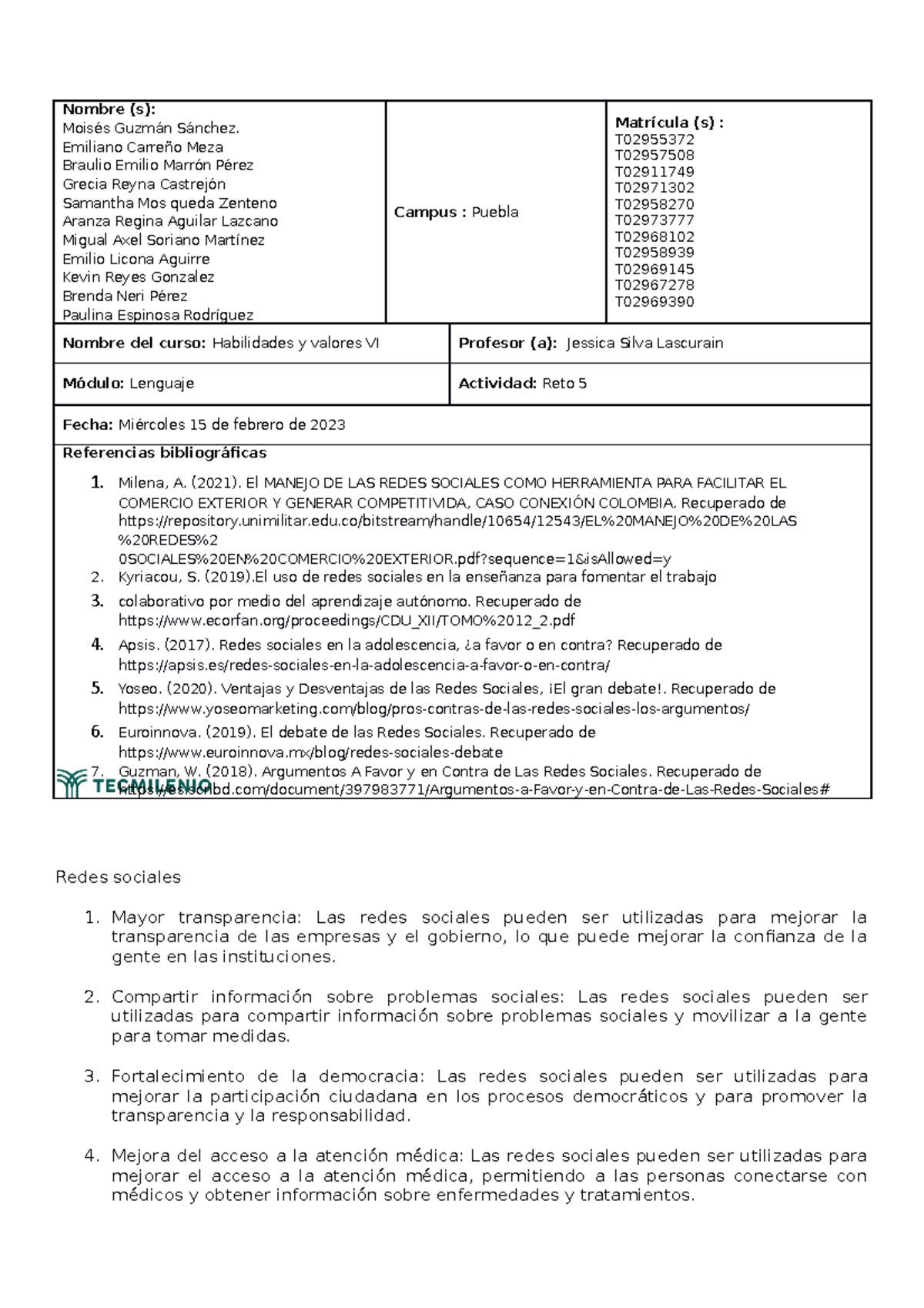 Reto6 - Actividad - Nombre (s): Moisés Guzmán Sánchez. Emiliano Carreño ...