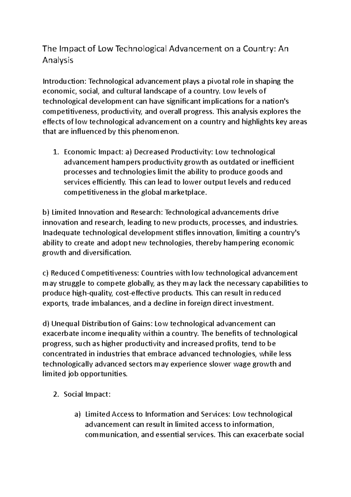 The Impact of Low Technological Advancement on a Country- An Analysis ...