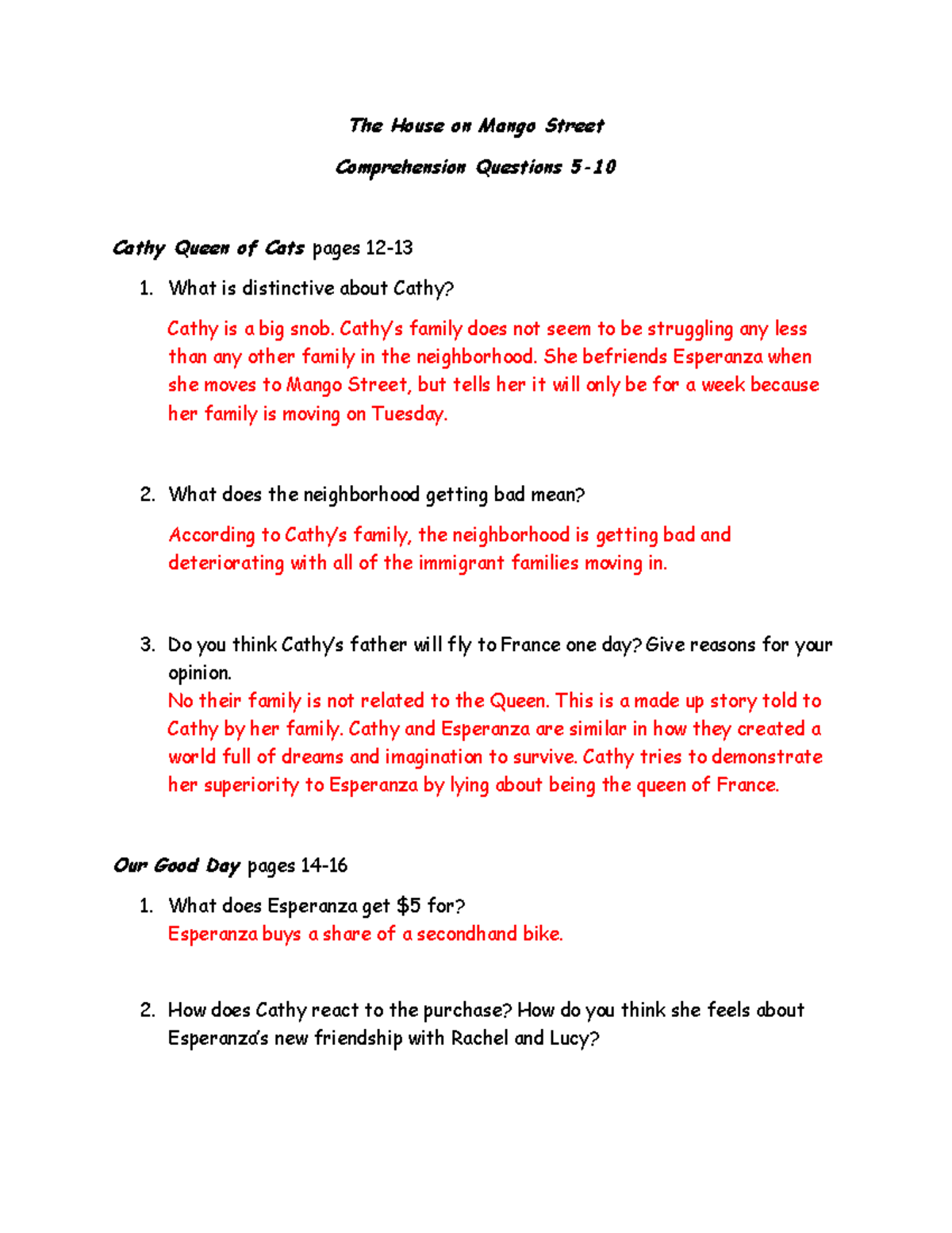 The House on Mango Street Questions 2 Answers - The House on Mango ...