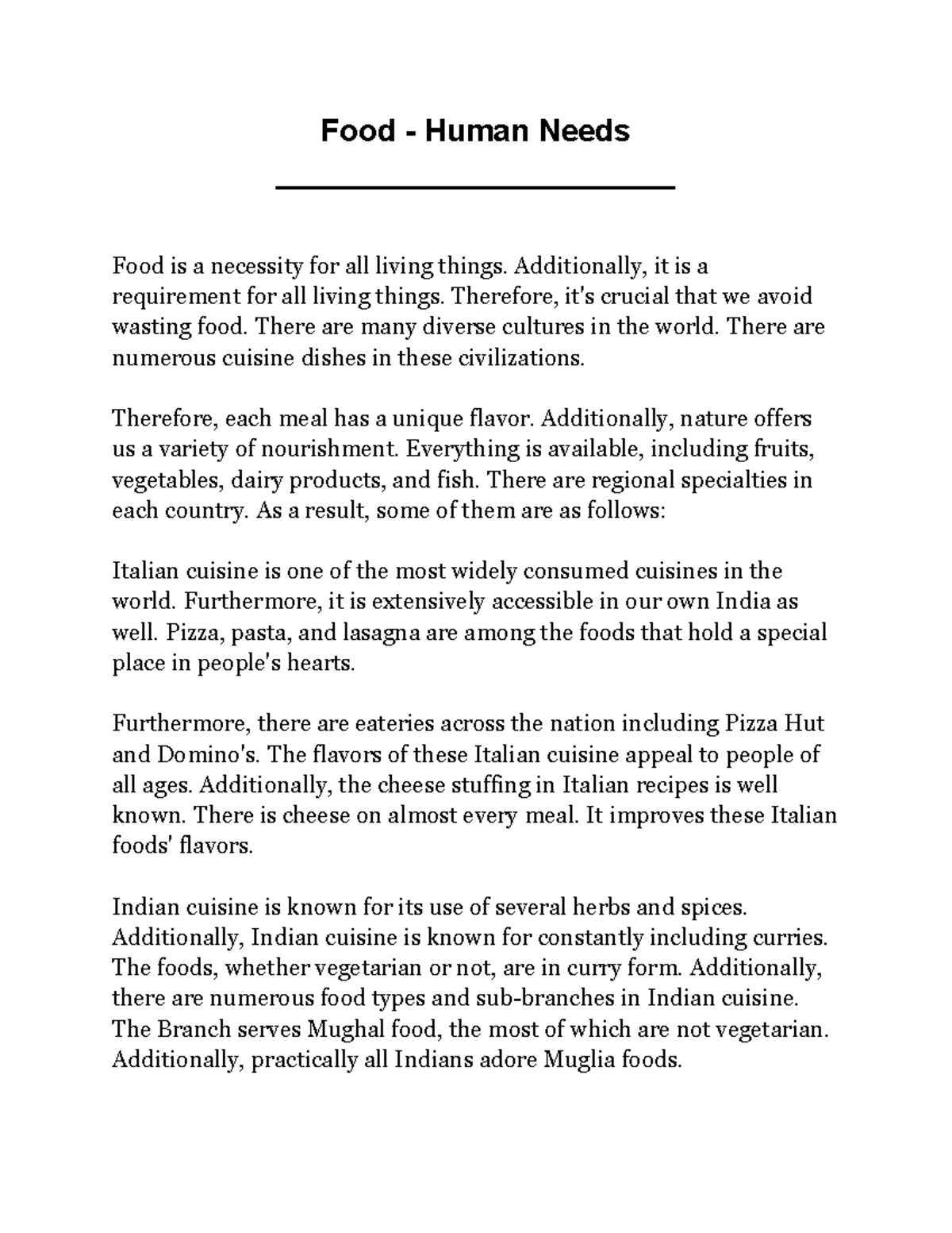 Food - Human Needs - Food - Human Needs _______________________ Food is ...