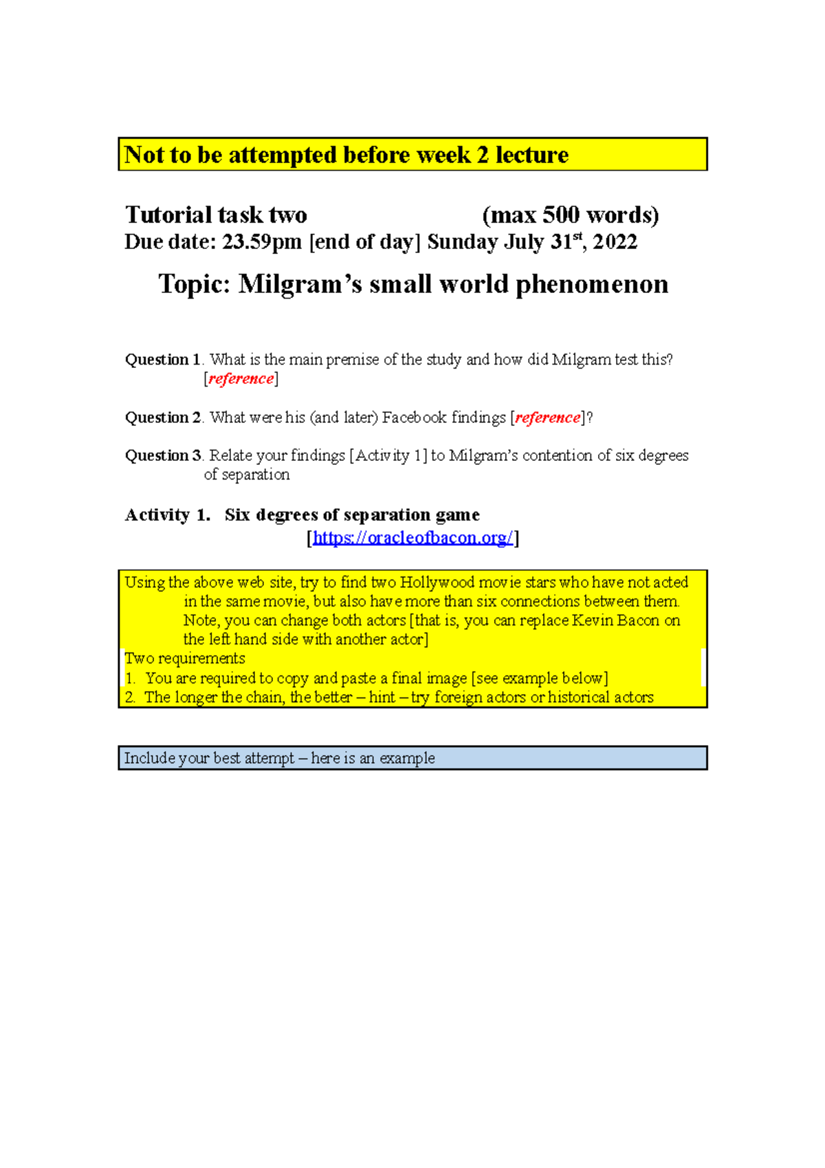 BESC1072 Tutorial task Week 2 2022-1 - Not to be attempted before week 2 lecture Tutorial task ...