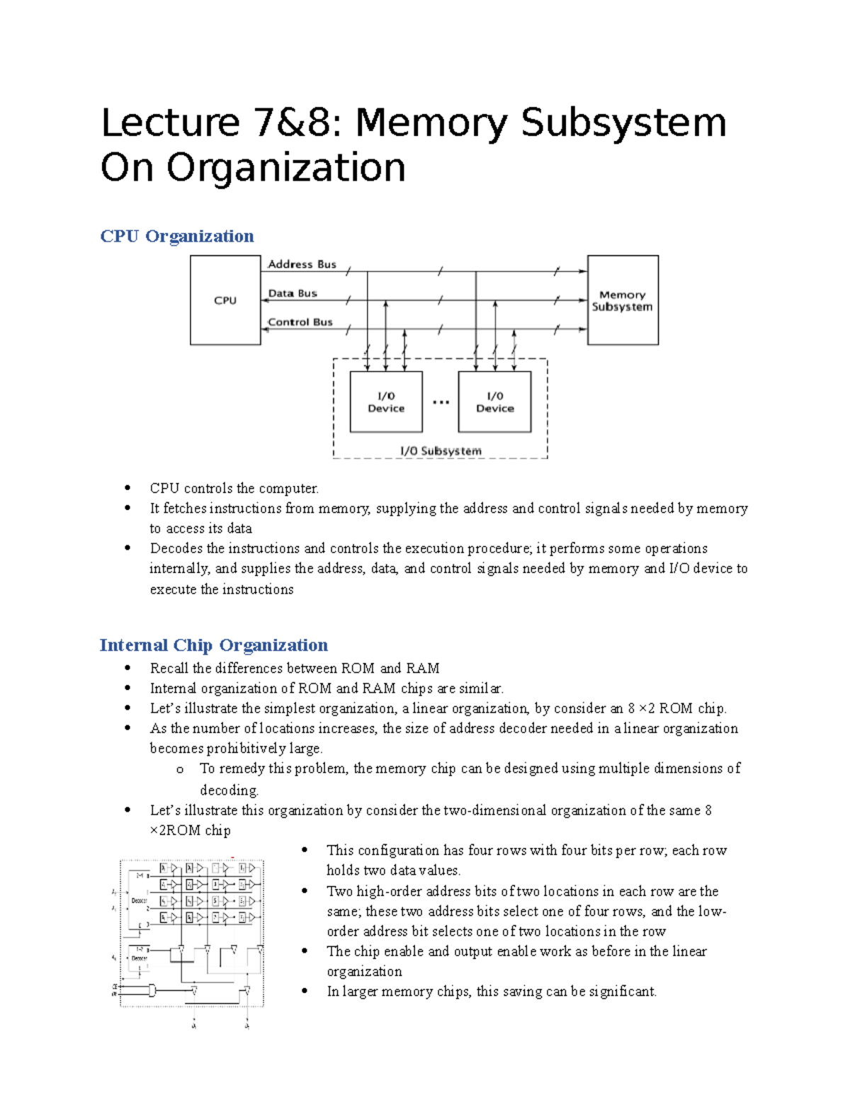 Micro - Lecture 7 - Lecture 7&8: Memory Subsystem On Organization CPU Organization CPU - Studocu