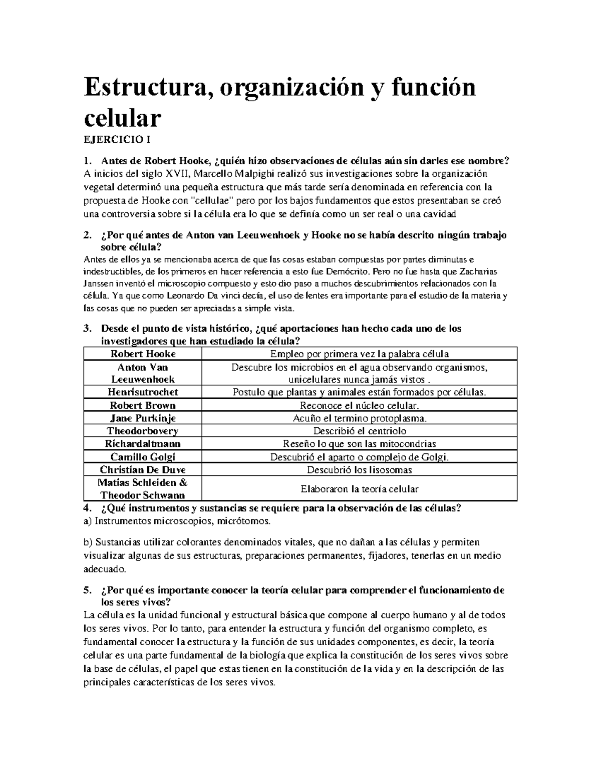 Estructura, organización y función celular Ejercicios - Estructura ...