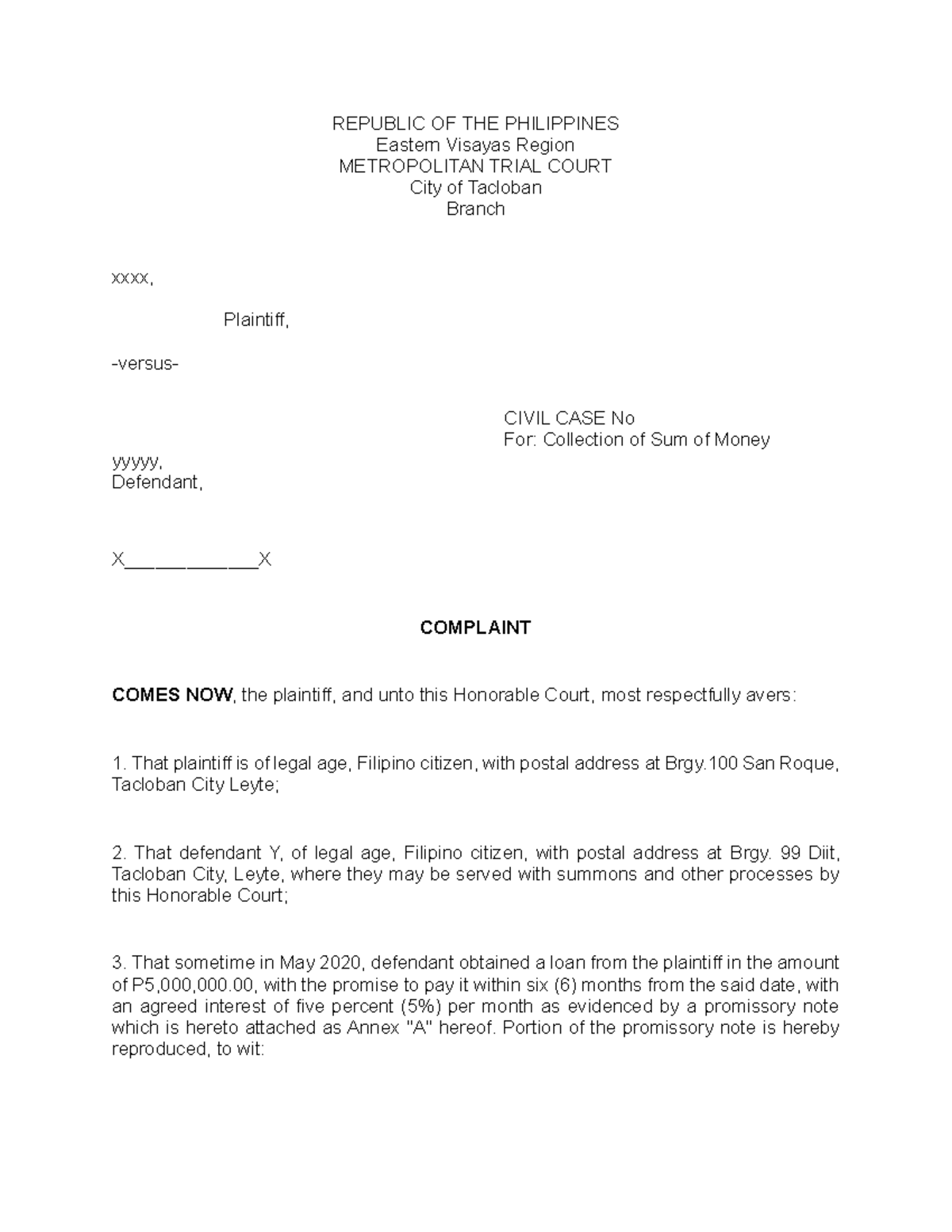 Complaint FOR THE Collection OF A SUM OF Money - REPUBLIC OF THE ...