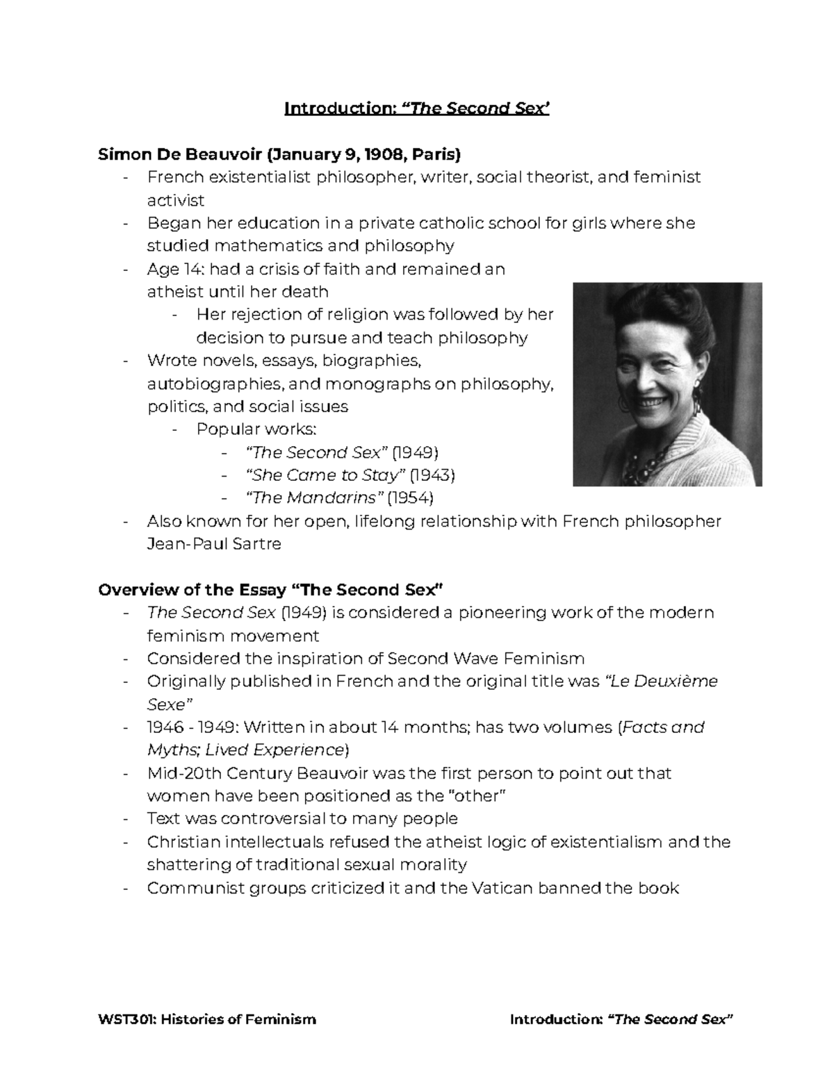 Wst301 Introduction The Second Sex Introduction “the Second Sex Simon De Beauvoir January
