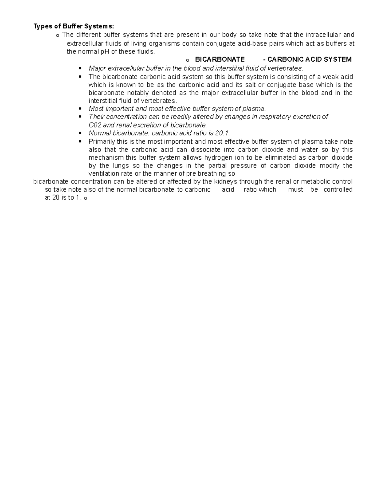 Types of Buffer Systems - o BICARBONATE - CARBONIC ACID SYSTEM Major ...