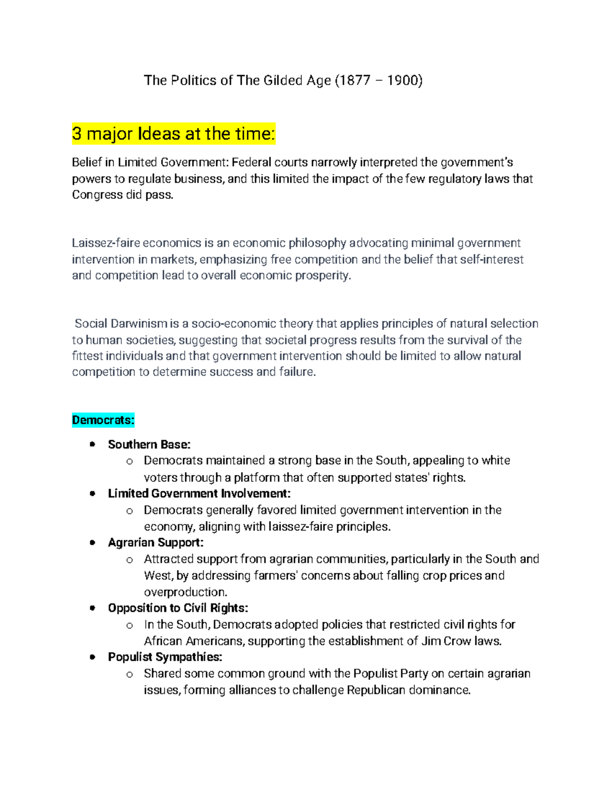 Chapter 19 Notes - The Politics of The Gilded Age (1877 – 1900) 3 major ...