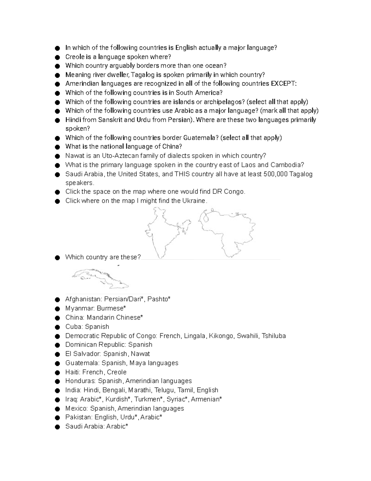 Map Quiz Study Guide - In which of the following countries is English ...