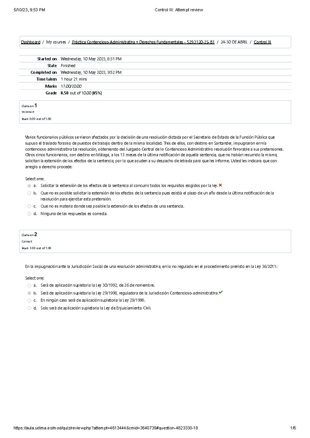 Control III Attempt review - Dashboard / My courses / Práctica Contencioso-Administrativa y ...