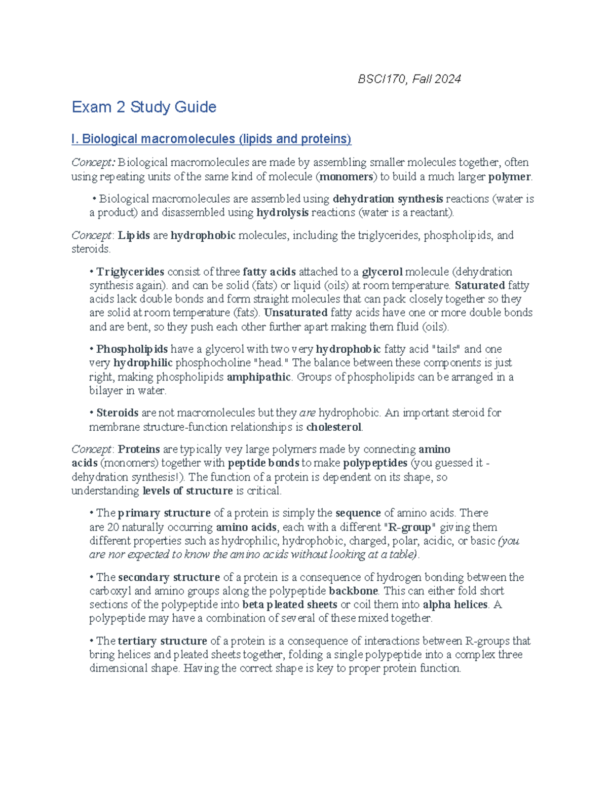 Study Guide Exam 2 - xxxx - BSCI170, Fall 2024 Exam 2 Study Guide I ...