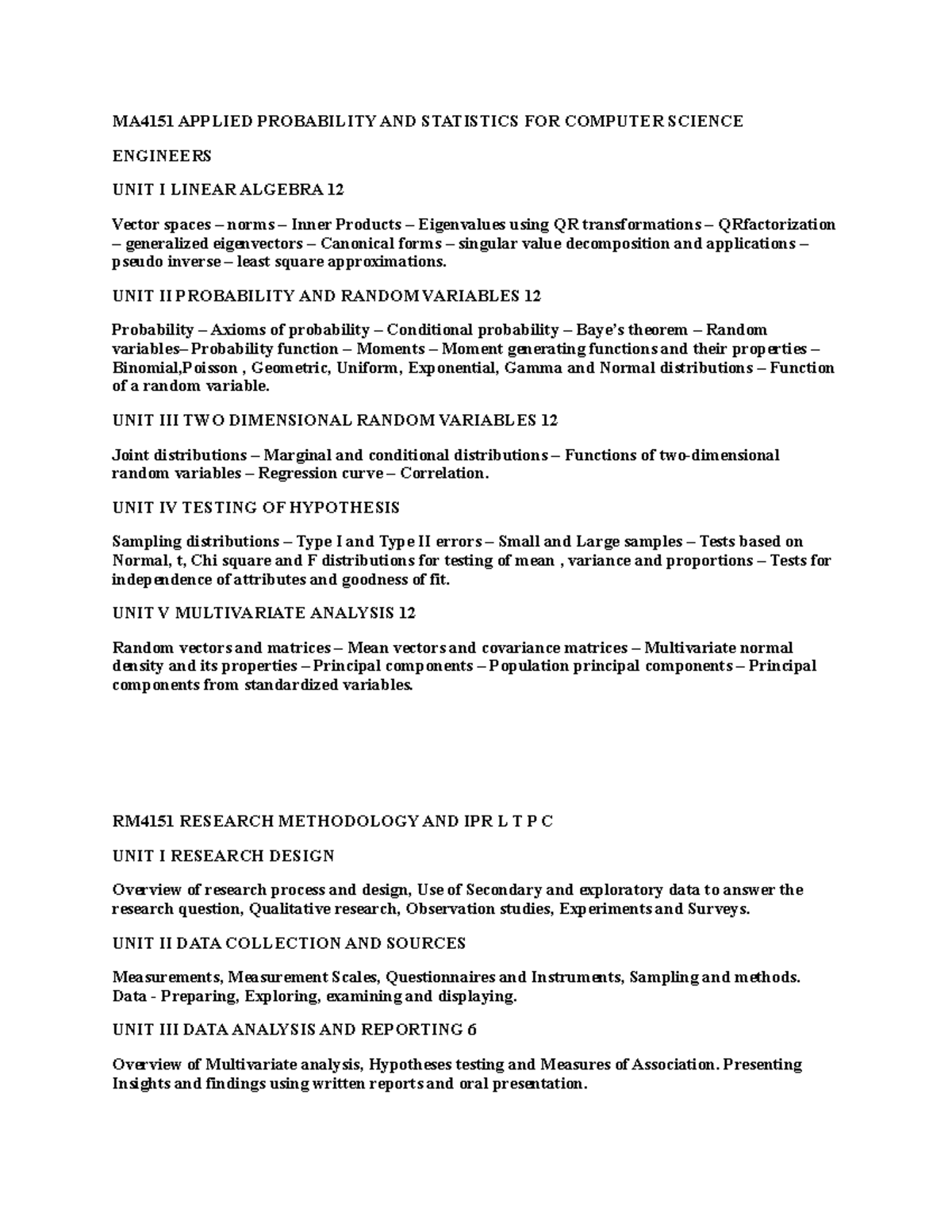 ME Syllabus - MA4151 APPLIED PROBABILITY AND STATISTICS FOR COMPUTER ...