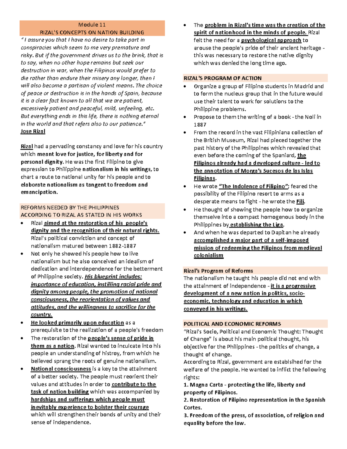 Rizal Module 11 - ajqkngnmpnqenbe - Module 11 RIZAL'S CONCEPTS ON NATION BUILDING “ I assure you ...