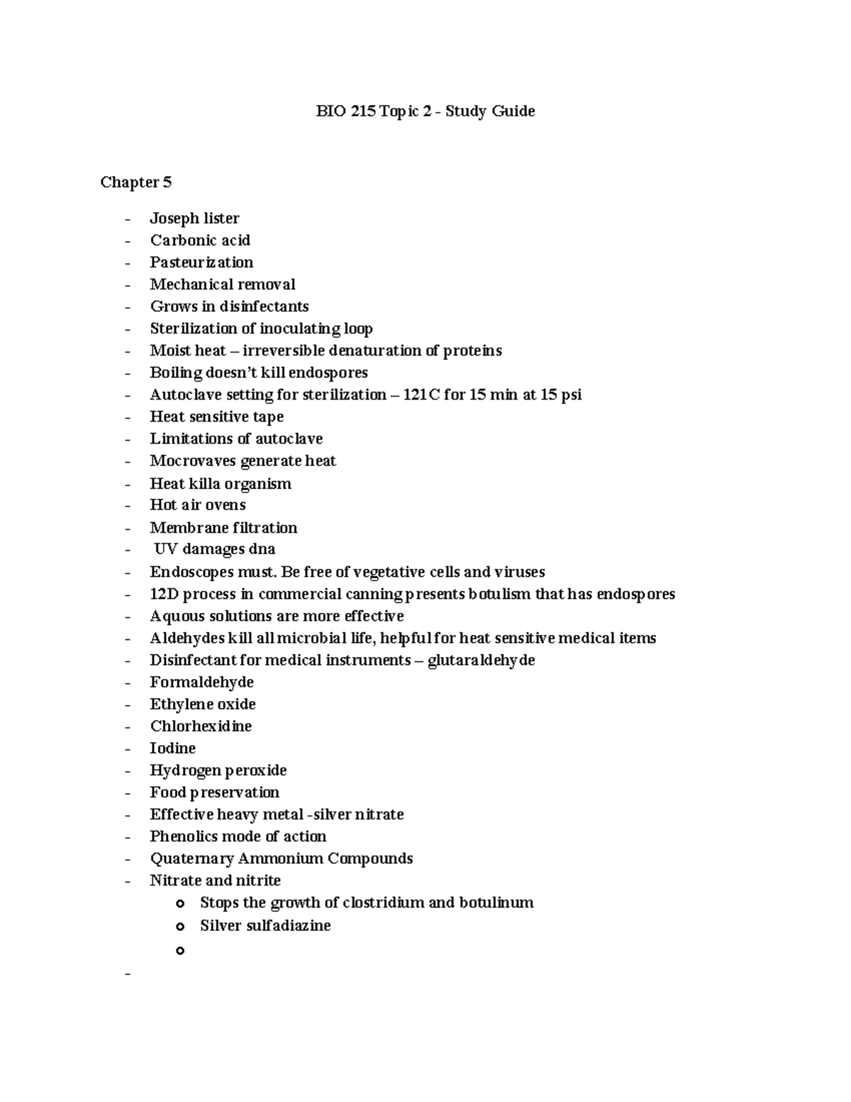 BIO 215 Topic 2 - Study Guide - BIO 215 Topic 2 - Study Guide Chapter 5 Joseph lister Carbonic ...