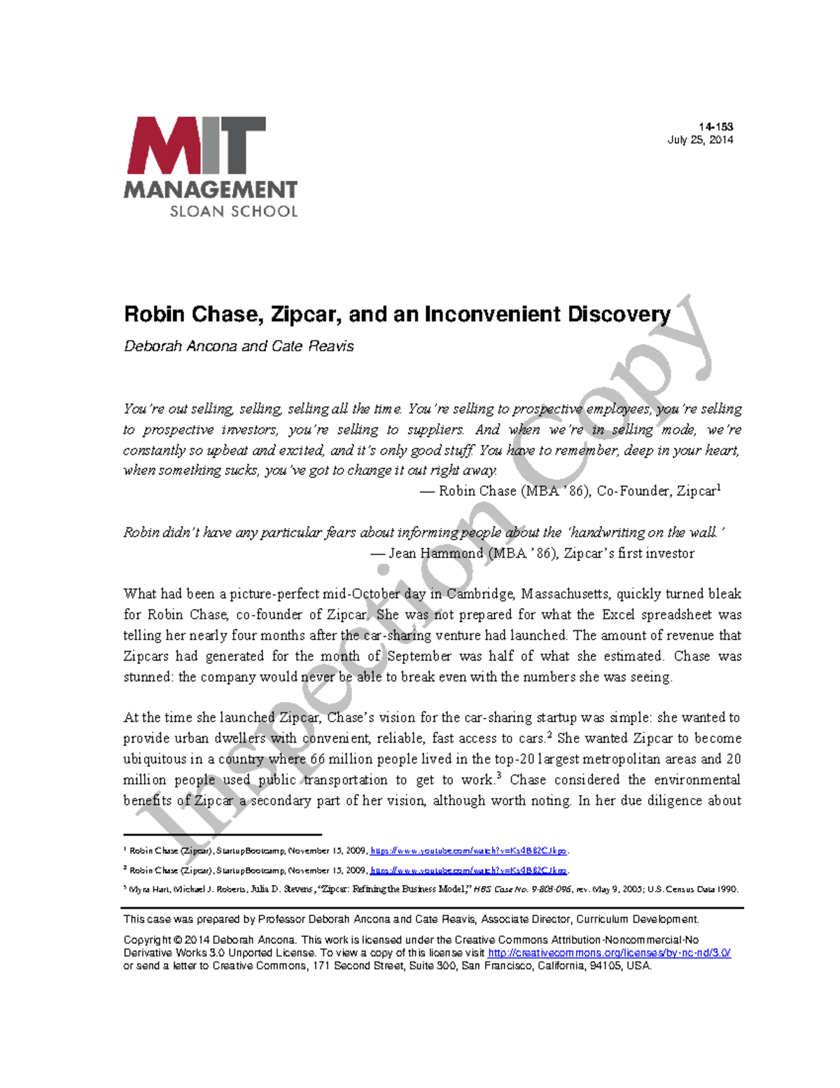 Robin Chase, Zipcar, Inconvenient Discovery - This case was prepared by ...