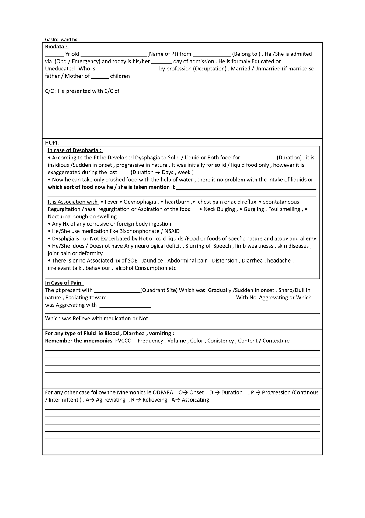 Gastro hx - Gastro ward hx Biodata : Yr old (Name of Pt) from (Belong ...