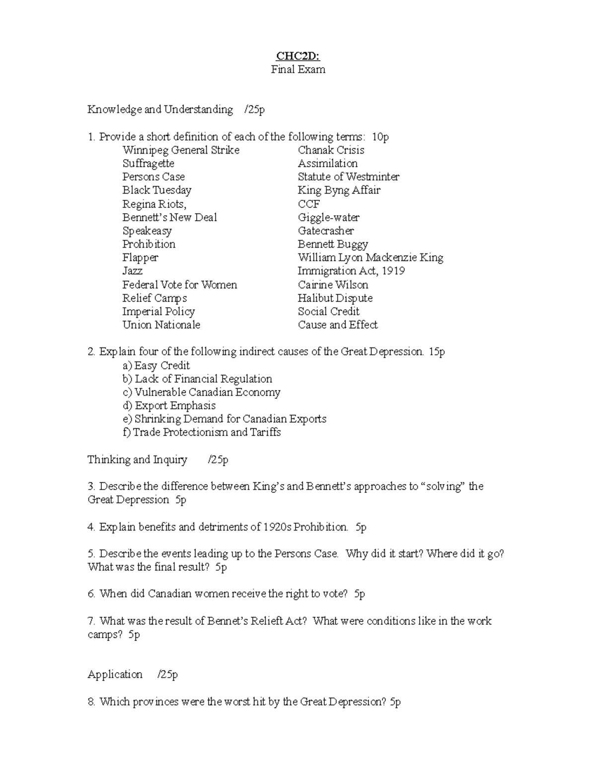 CHC2D Final exam - Description - CHC2D: Final Exam Knowledge and ...