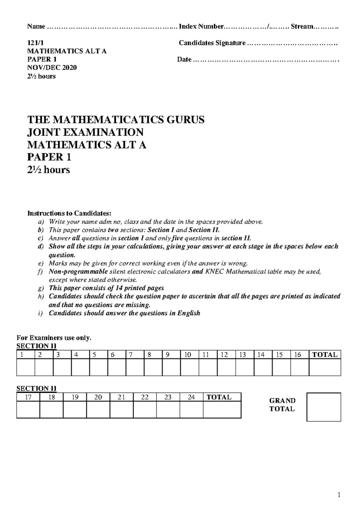 Math Gurus paper 1question paper - Name
