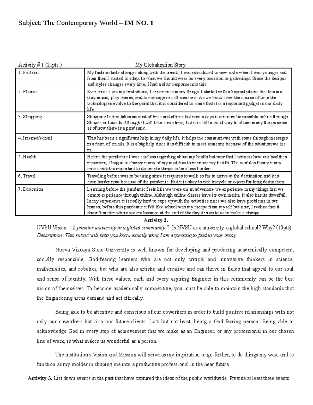 TCW- Module-1 - ANSWERS - Subject: The Contemporary World – IM NO. 1 Activity # 1 (21pts.) My ...