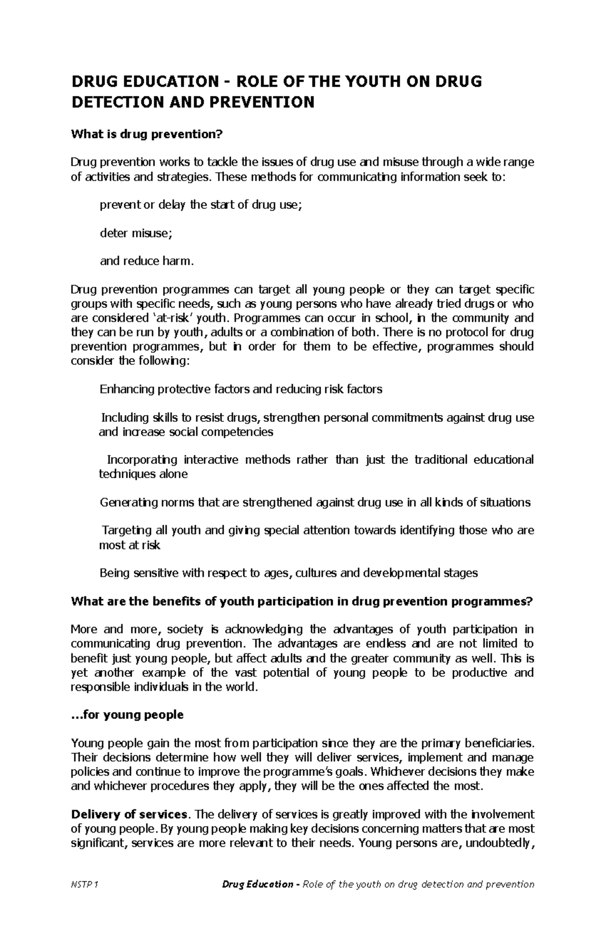 DRUG Education THE ROLE OF THE Youth - DRUG EDUCATION - ROLE OF THE ...