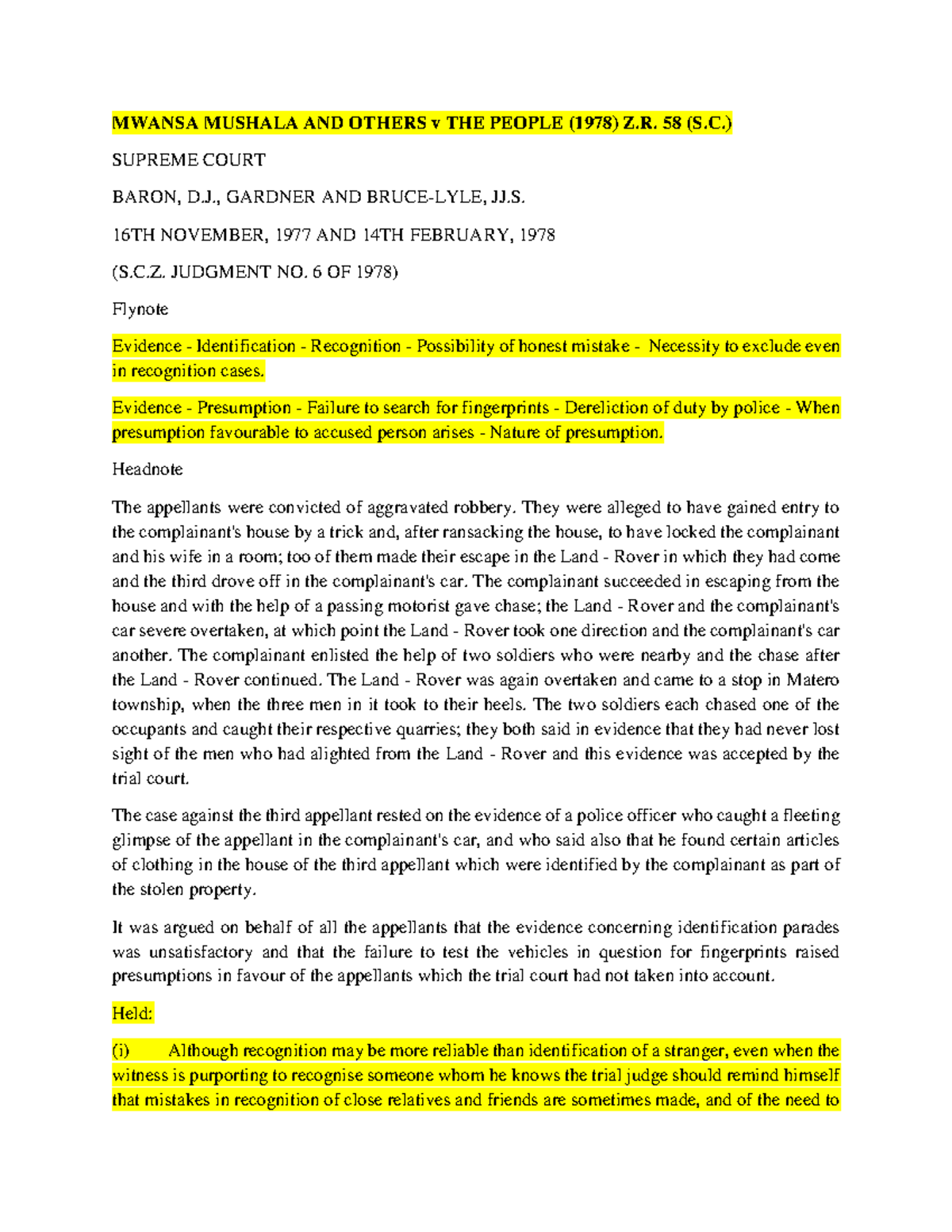 Mwansa Mushala AND Others v THE People (1978) Z.R. 58 (S - MWANSA ...