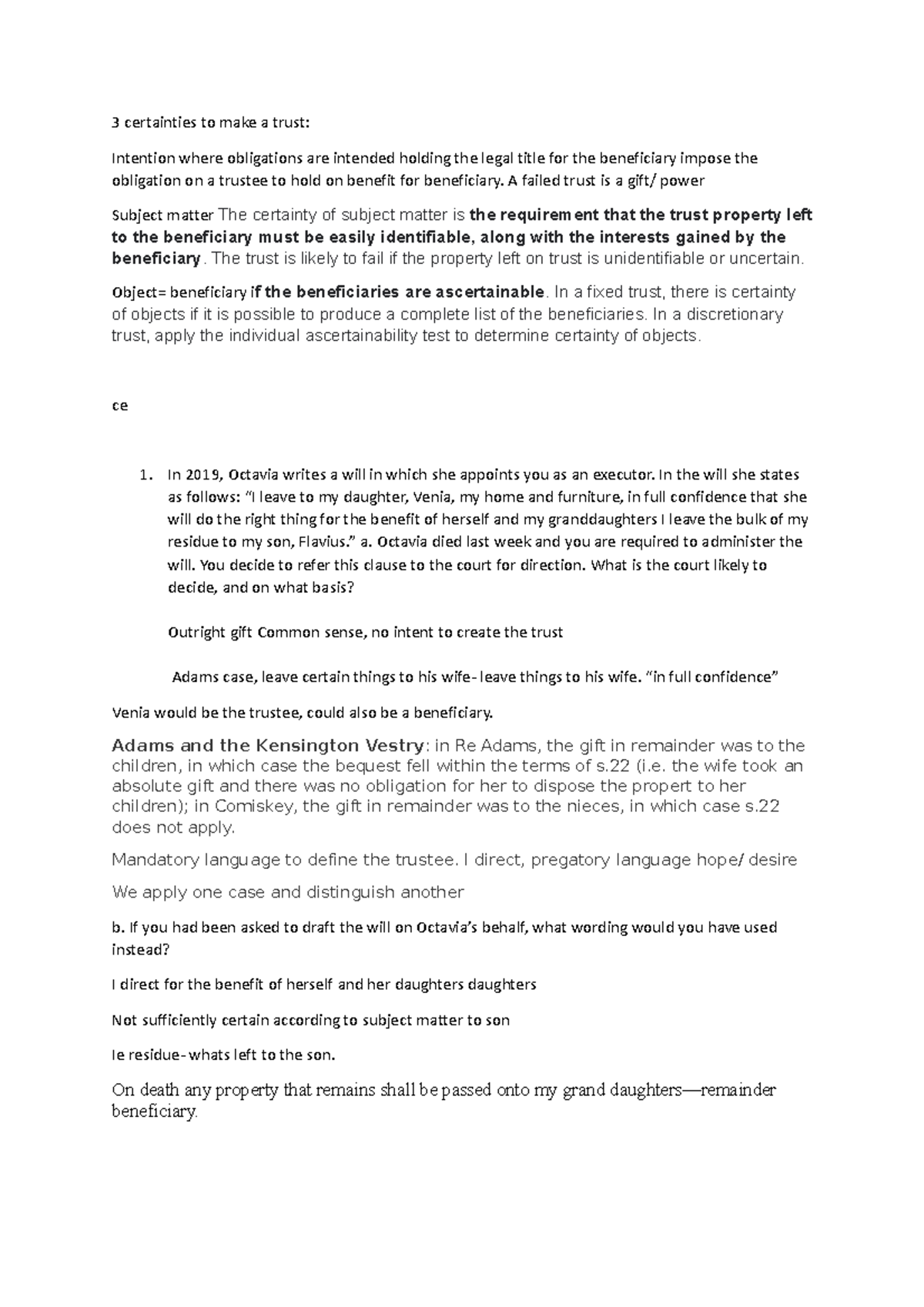 Creating express trusts - 3 certainties to make a trust: Intention where obligations are ...