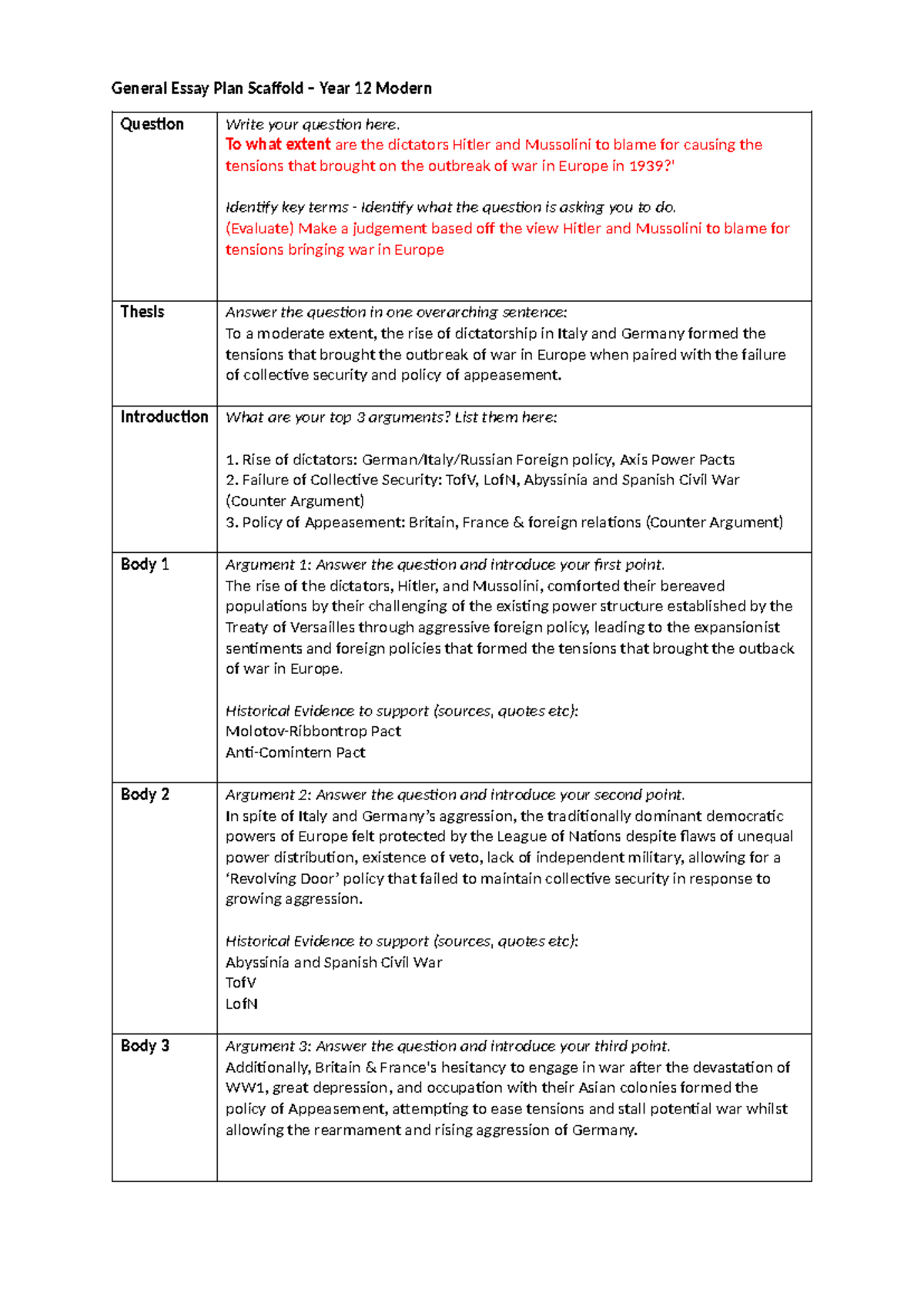 Practise Essay Scaffold - War in Europe - General Essay Plan Scaffold ...
