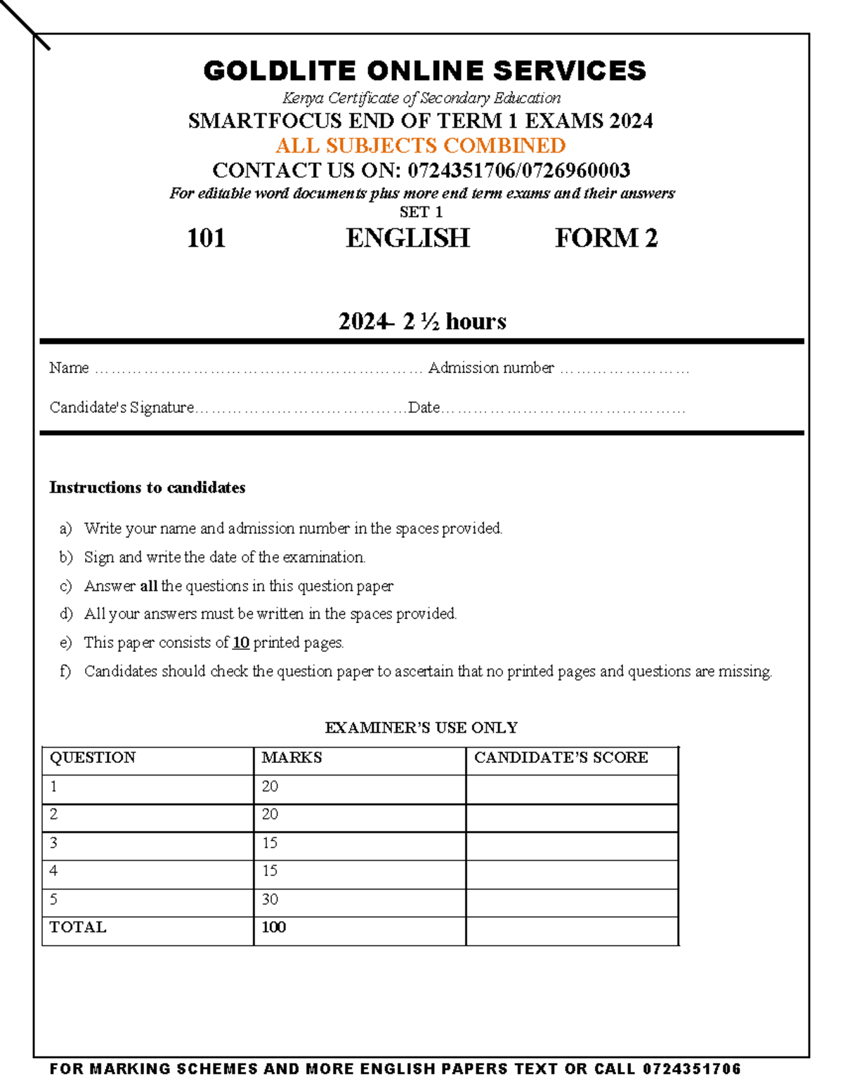F2 SET 1 END TERM 1 2024 - F2 EXAM SET - FOR MARKING SCHEMES AND MORE ENGLISH PAPERS TEXT OR ...
