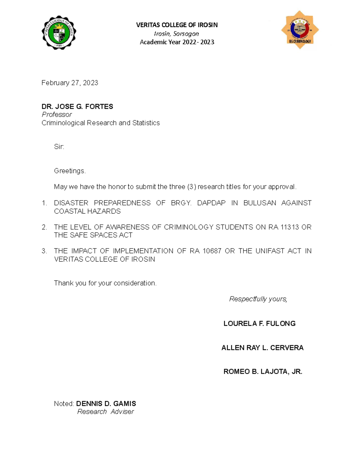 Letter thesis - VERITAS COLLEGE OF IROSIN Irosin, Sorsogon Academic ...
