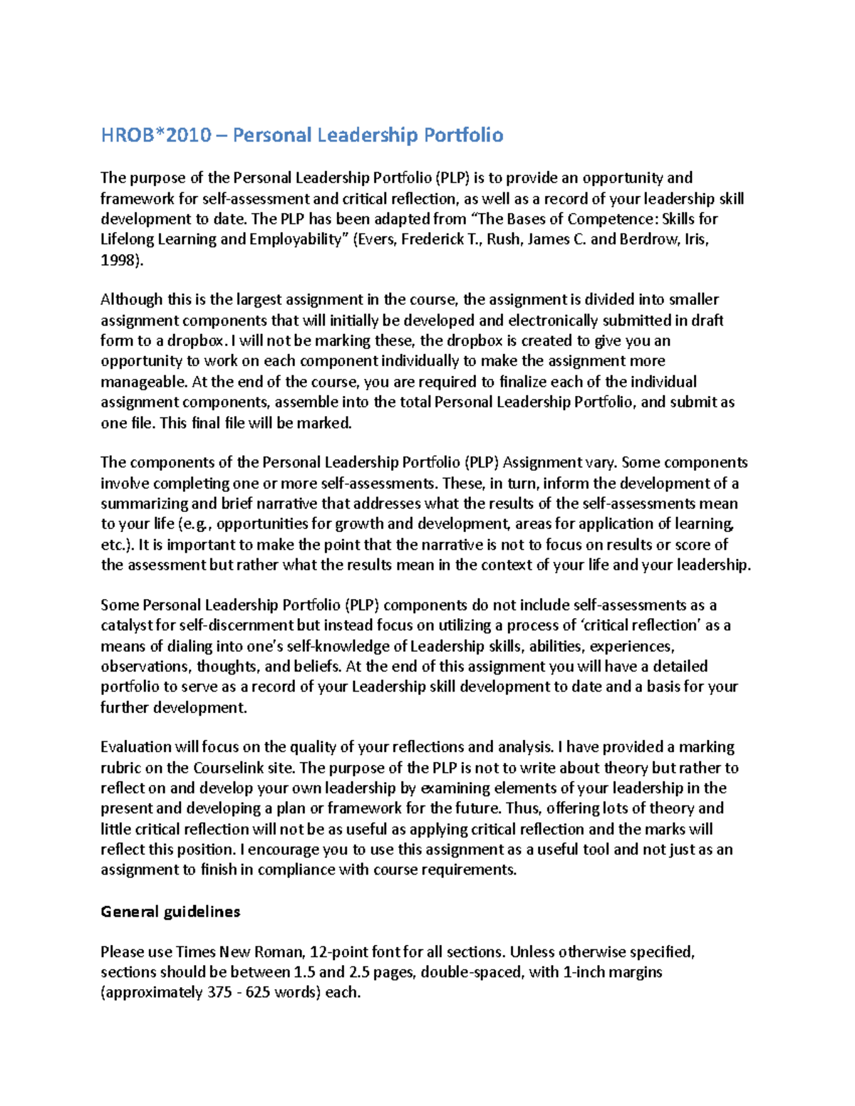 PLP guidelines-W19 - assignment help - HROB*2010 – Personal Leadership ...