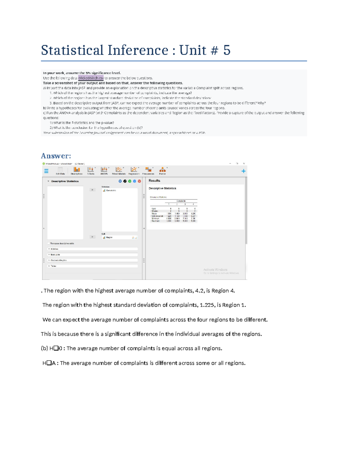 Statistical Inference - The region with the highest average number of complaints, 4, is Region 4 ...