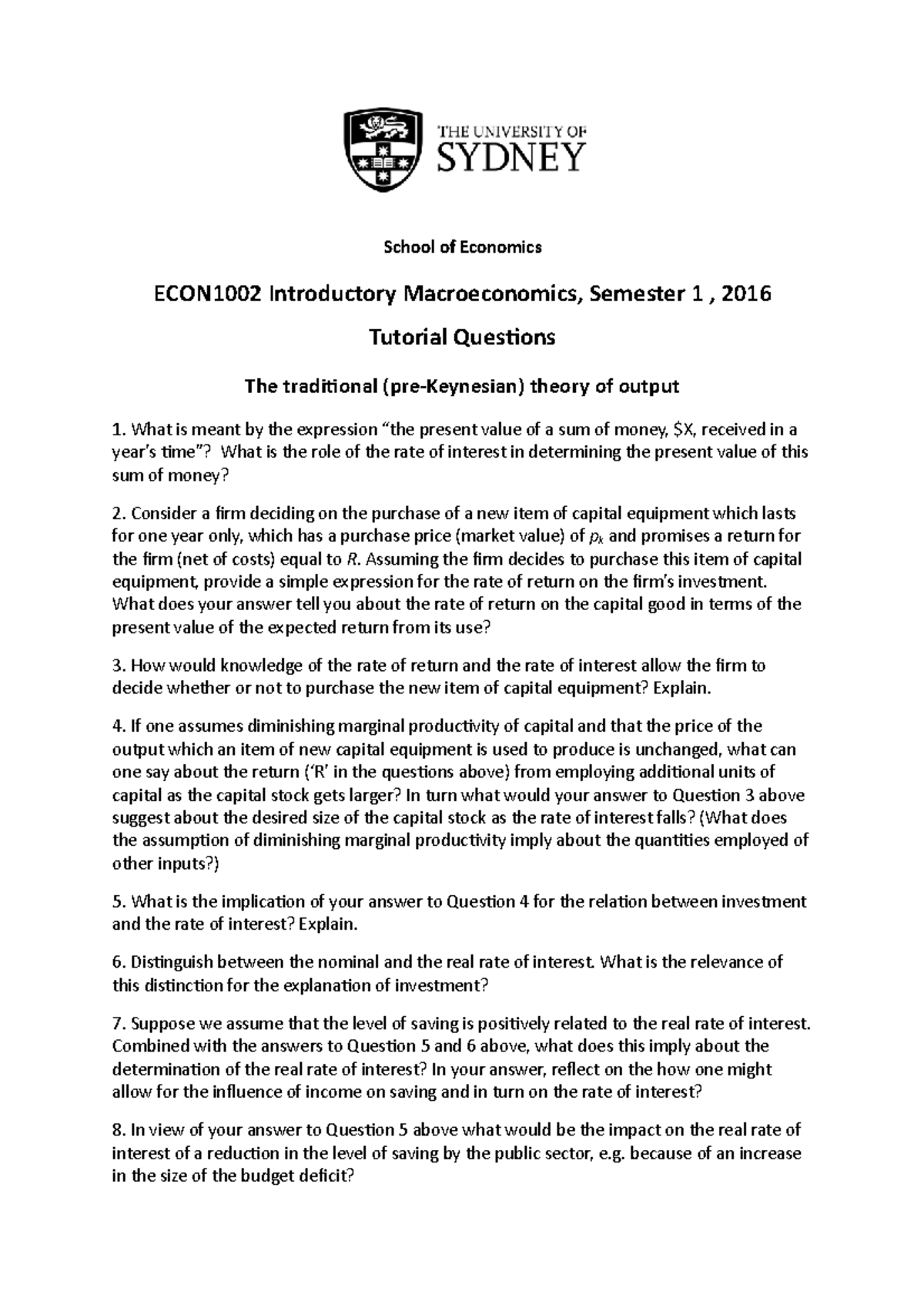 ECON1002 Sem1 2016 Traditional (pre-Keynesian) Model Tutorial - School of Economics ECON1002 ...