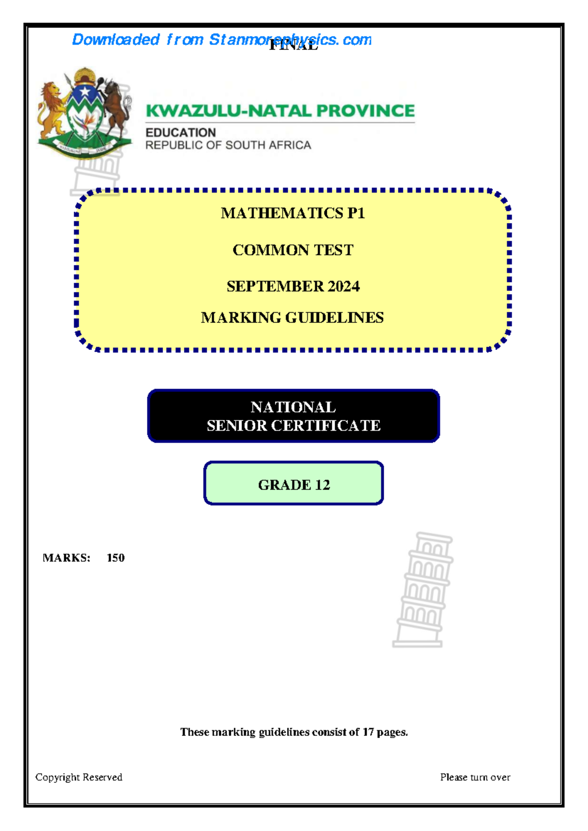 KZN Maths Grade 12 September 2024 P1 and Memo - FINAL MARKS: 150 These marking guidelines ...