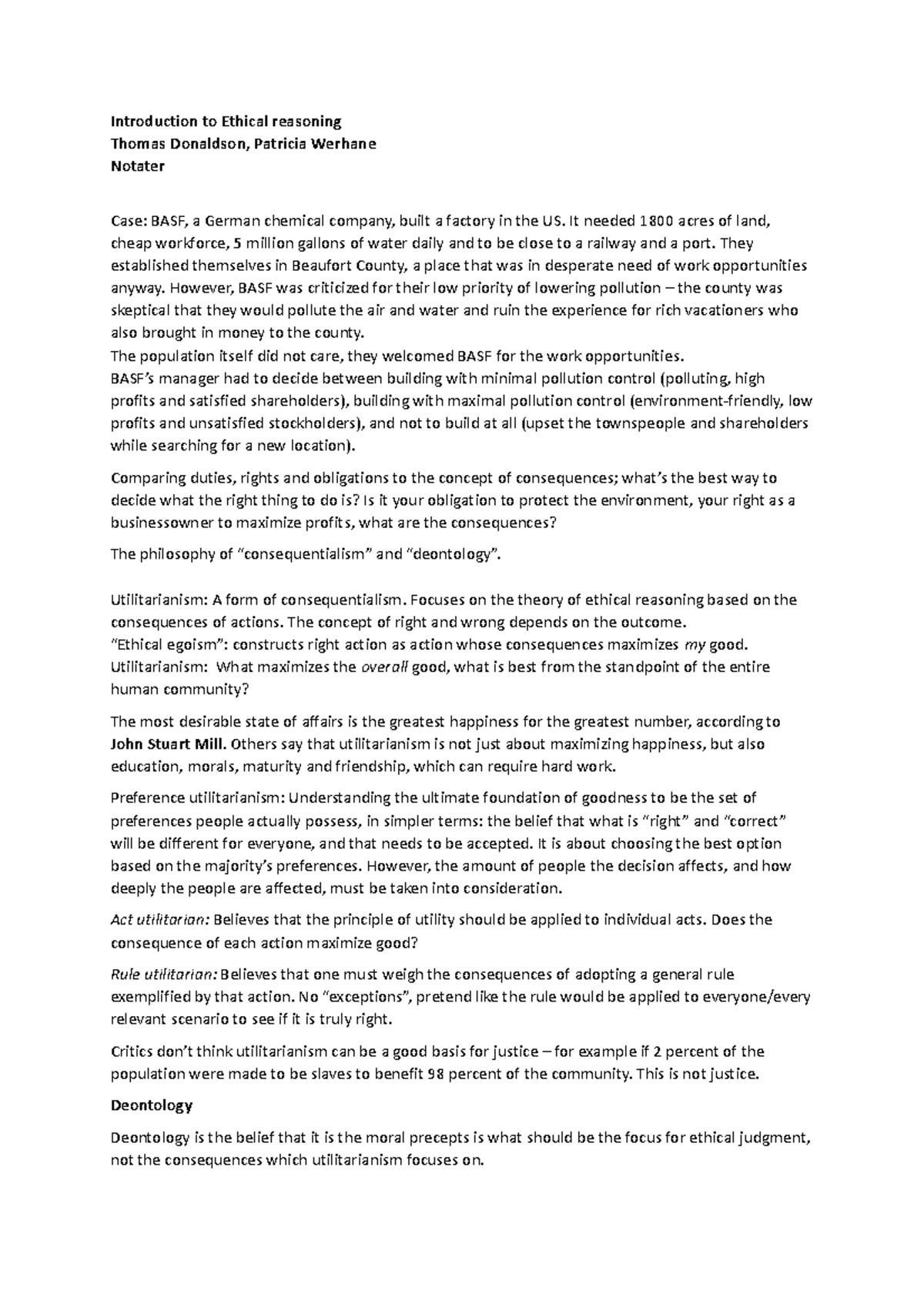 Introduction to Ethical reasoning- notater - Introduction to Ethical ...