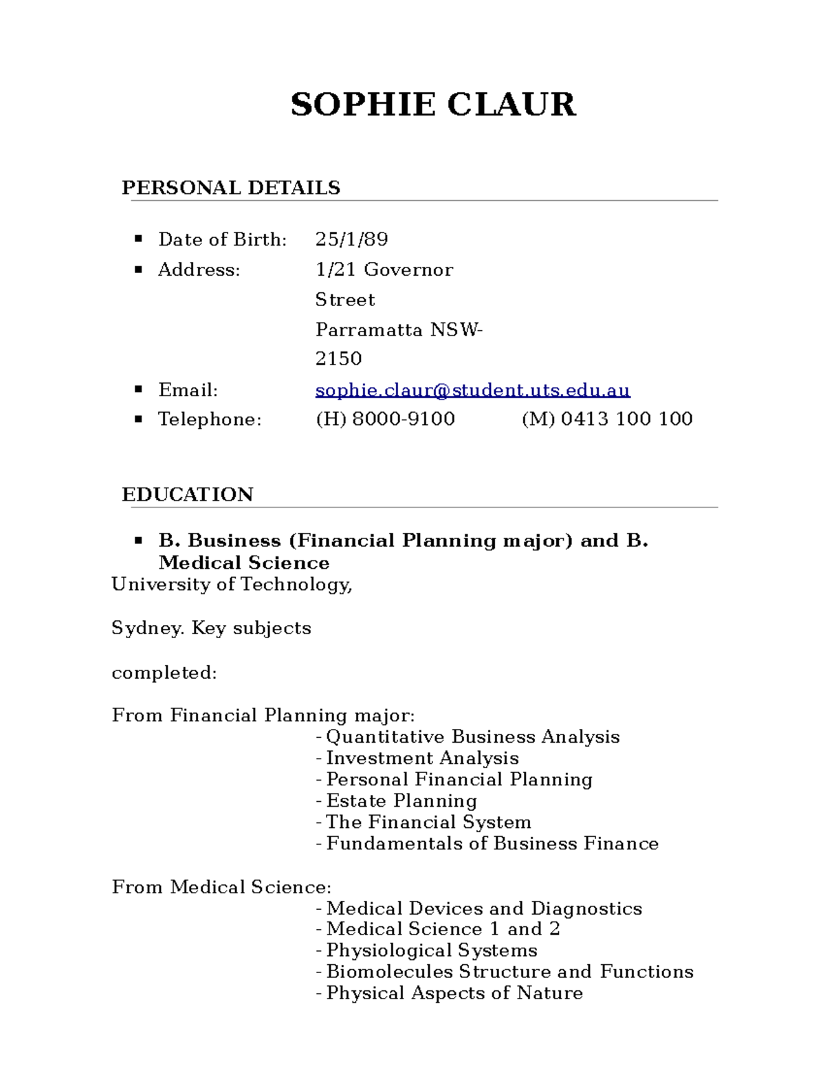 Resume Benchmarking - Sophie - SOPHIE CLAUR PERSONAL DETAILS Date of ...