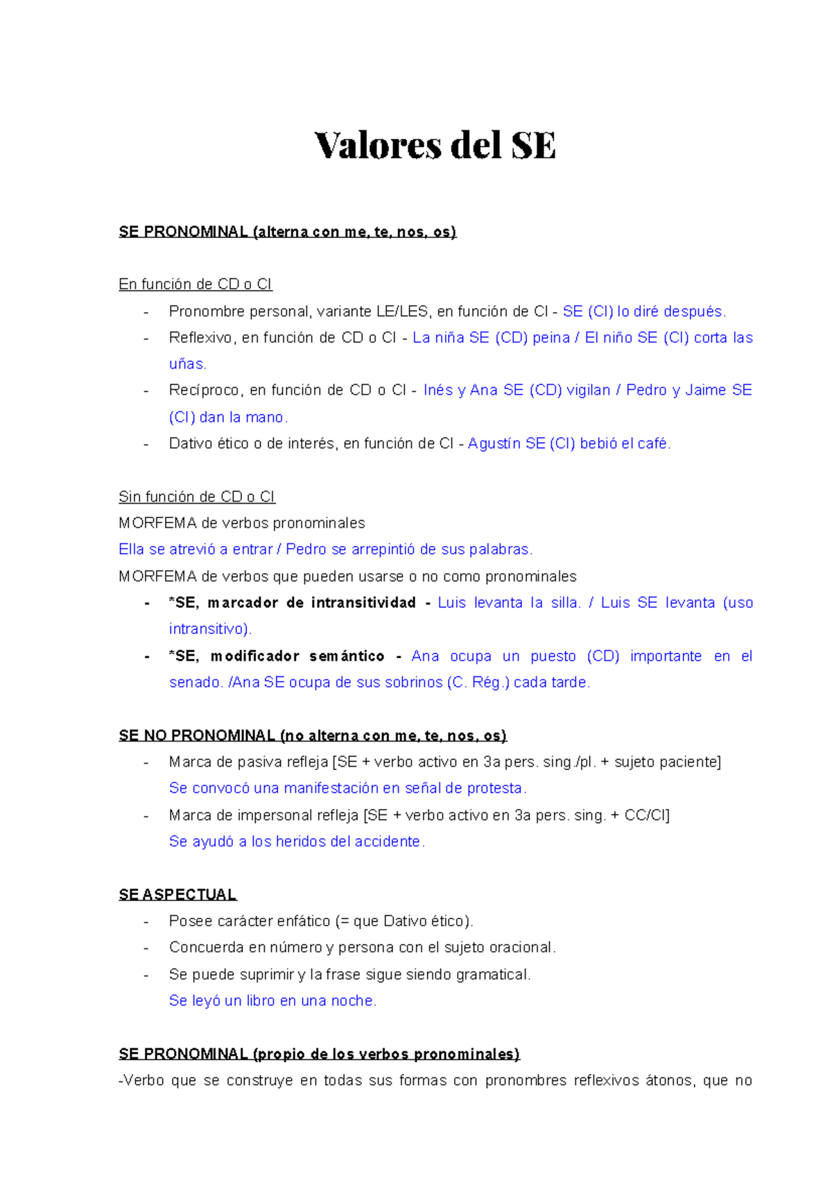 Valores del SE - Reflexivo, en función de CD o CI - La niña SE (CD ...