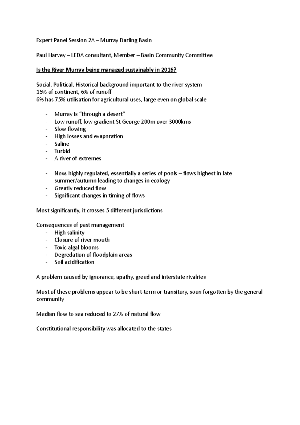 Lecture notes, lecture Expert Panel Session Murray River - Expert Panel ...