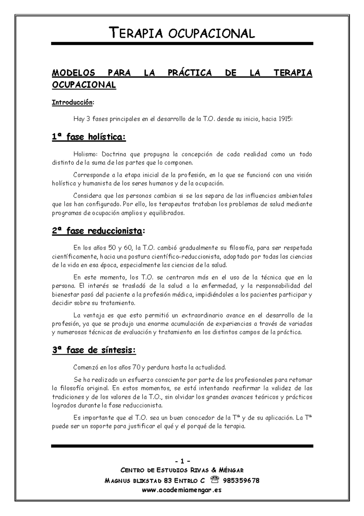 Modelos de terapia ocupacional - ####### ####### ####### ####### - Studocu