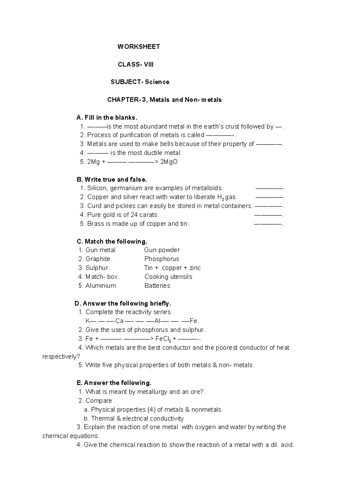 Class 8 CHAPTER- 3, Metals and Non- metals - WORKSHEET CLASS- VIII ...