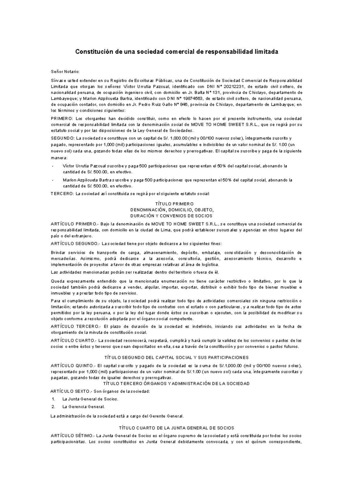 Constitución de una sociedad comercial de responsabilidad limitada - Constitución de una ...