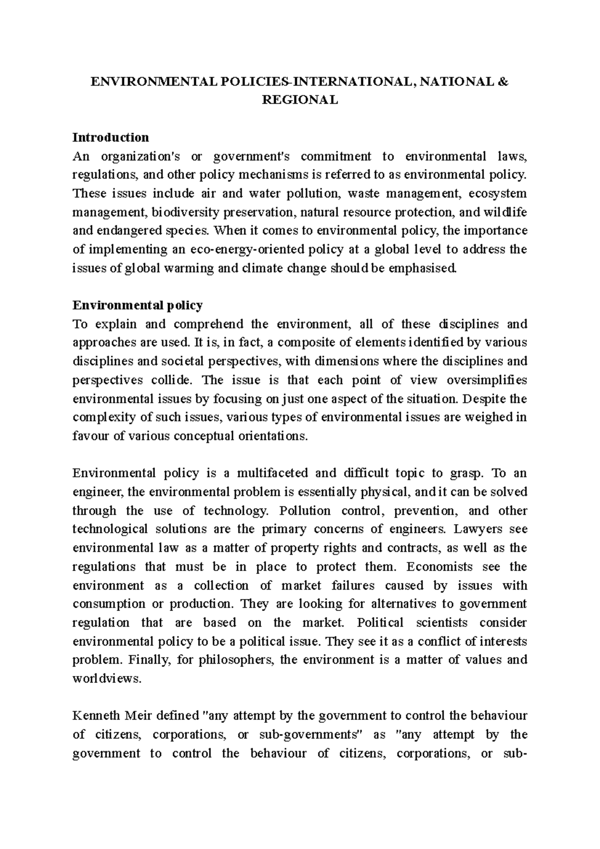 Environmental Policies- International, National & Regional ...