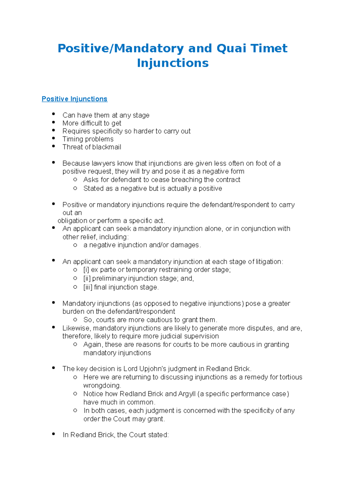 Positive and Quai Timet Injunctions - Positive/Mandatory and Quai Timet ...