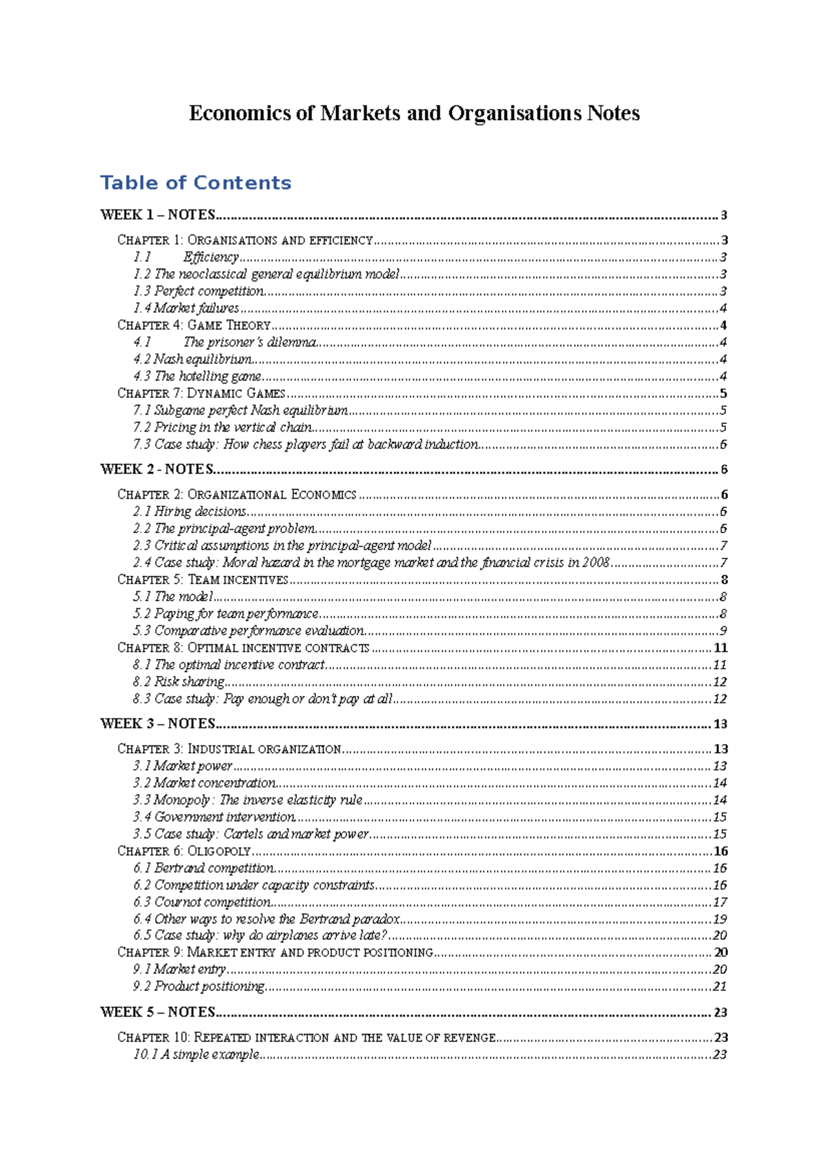 EMO - Notes - Economics of Markets and Organisations Notes WEEK 1 ...